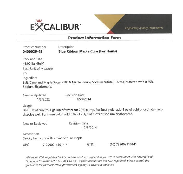 Blue Ribbon Maple Cure For Hams — Snake River Butcher Supply